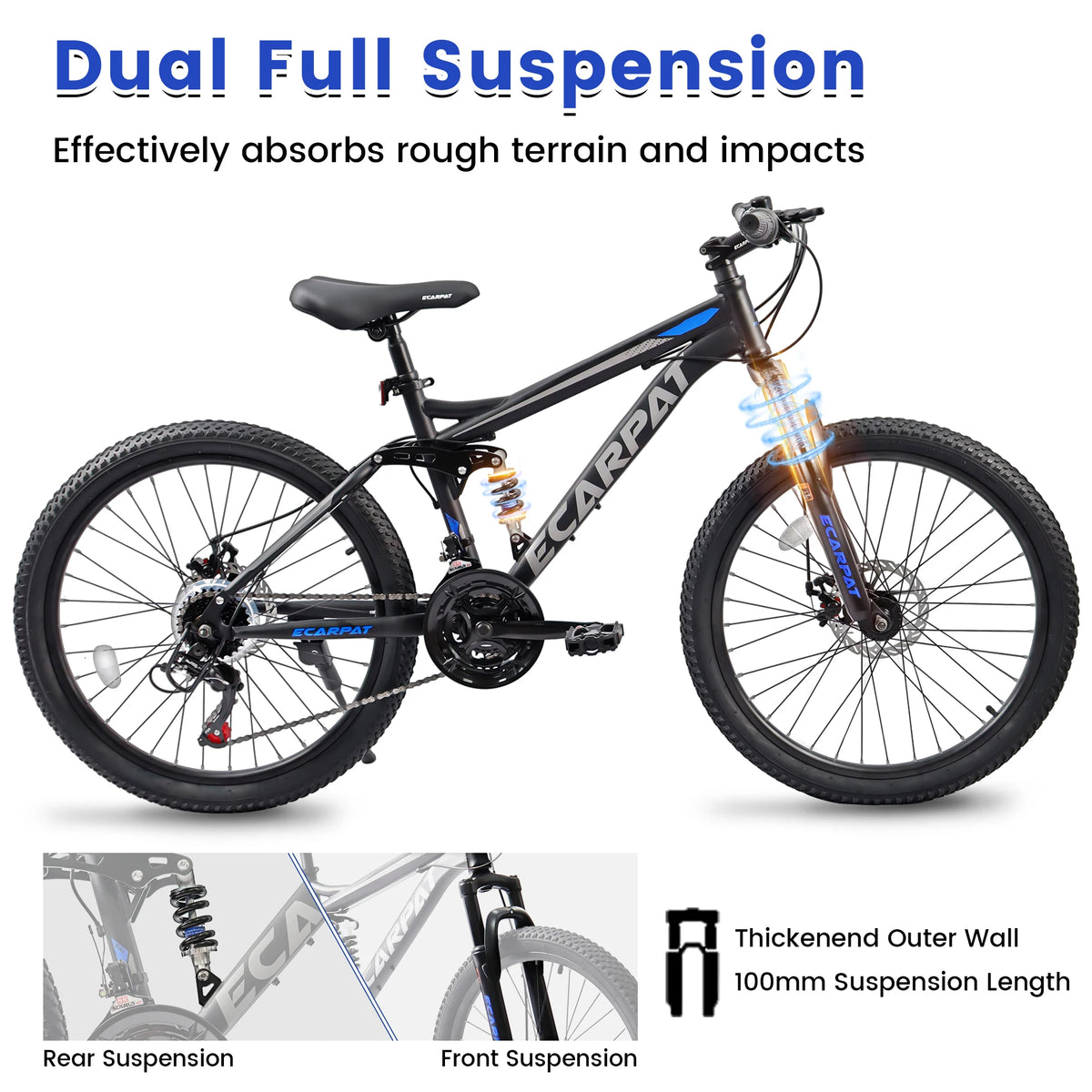 Ecarpat Dual Full Suspension Mountain Bike – 21 Speed Disc Brakes, 24 ...